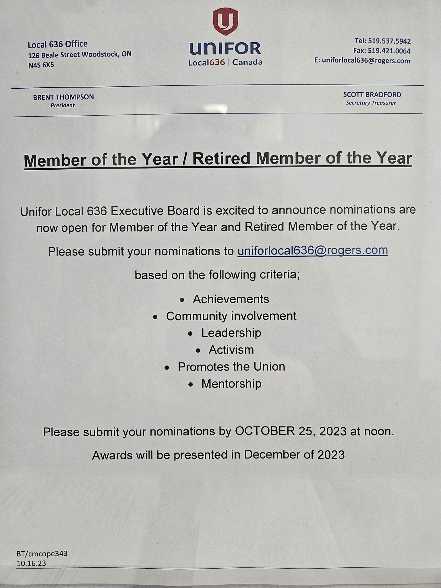 Member of the Year and Retired Member of the Year - Unifor 636